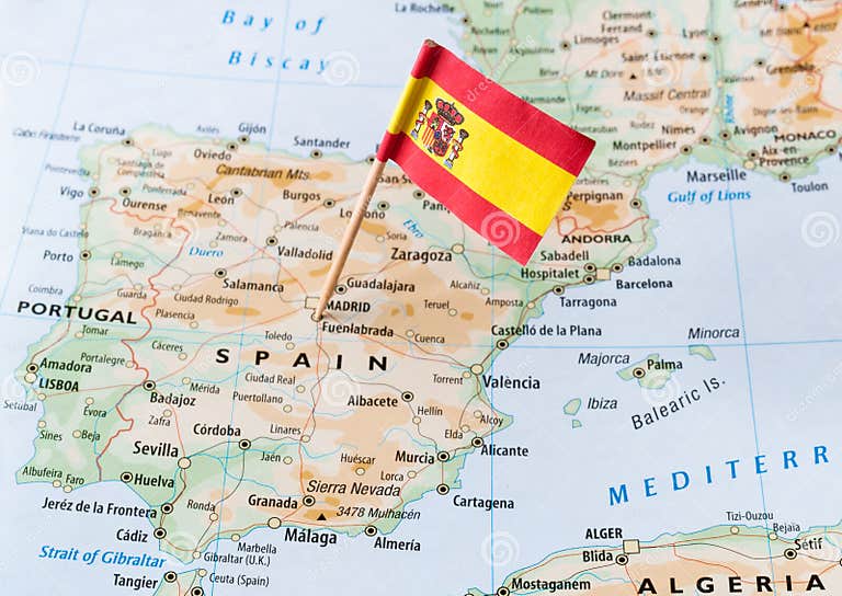Spain flag on map stock photo. Image of pointing, flag - 36255106