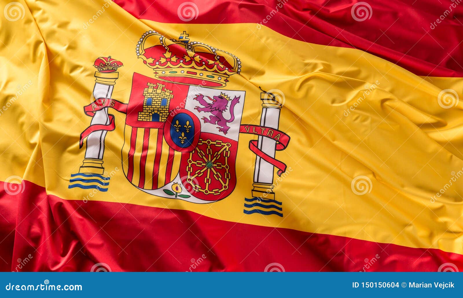 Spain Flag of Silk. Spanish National Colours with Emblem Stock Photo ...