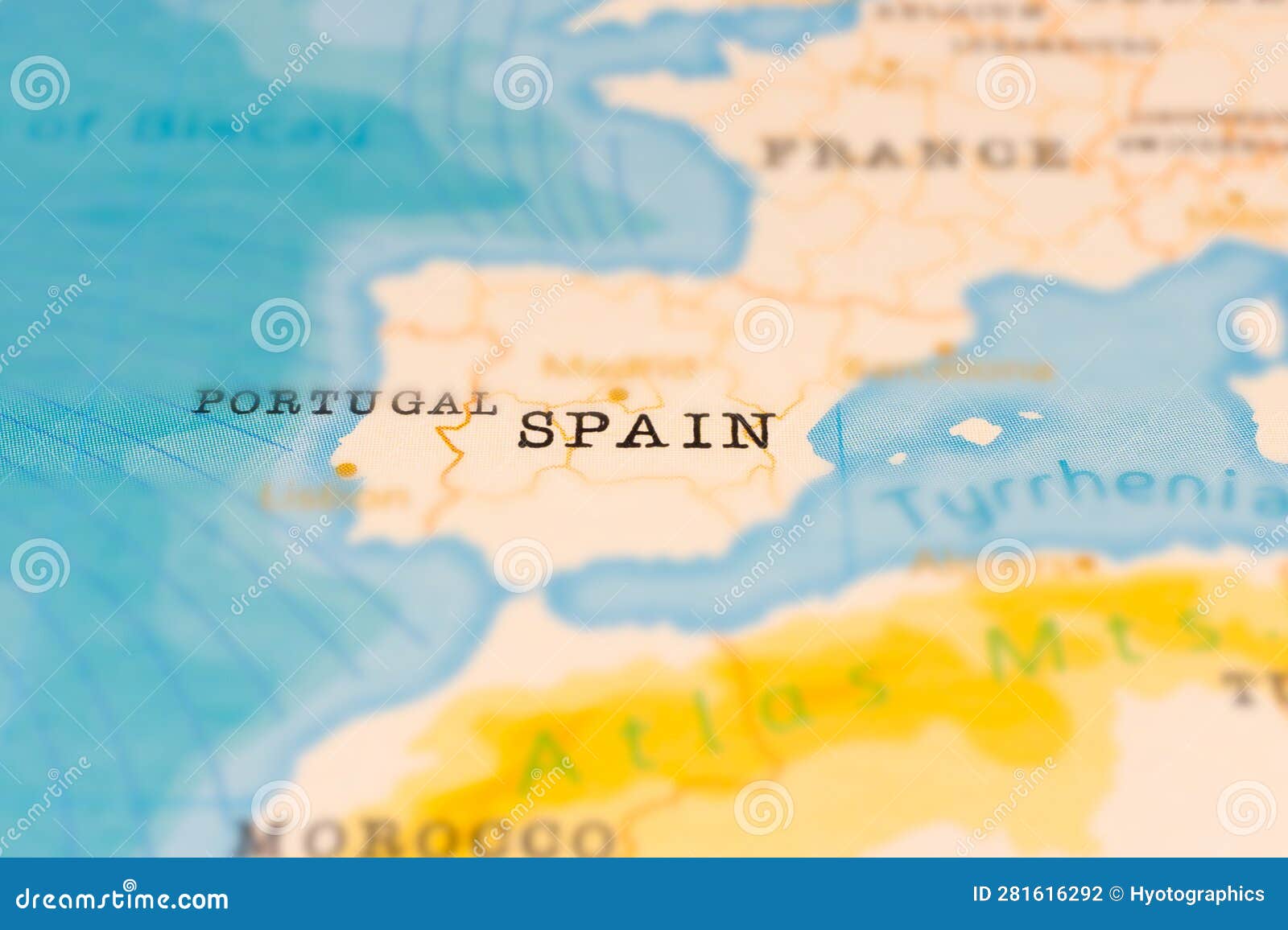 Spain in Focus on a Tilted World Map. Stock Photo - Image of economy ...