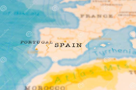 Spain in Focus on a Tilted World Map. Stock Photo - Image of economy ...