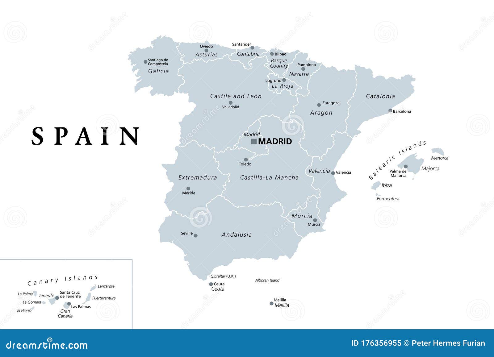 Spain, Gray Political Map with Administrative Divisions Stock Vector ...