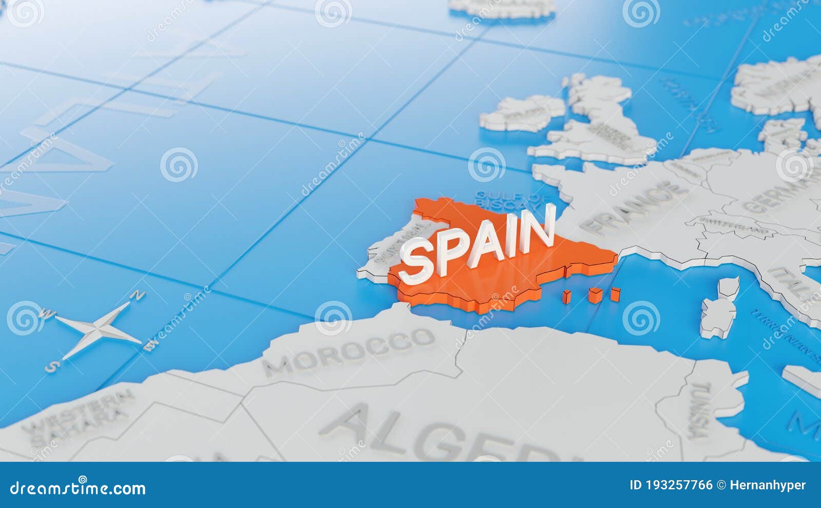 Spain Highlighted on a White Simplified 3D World Map. Digital 3D Render ...