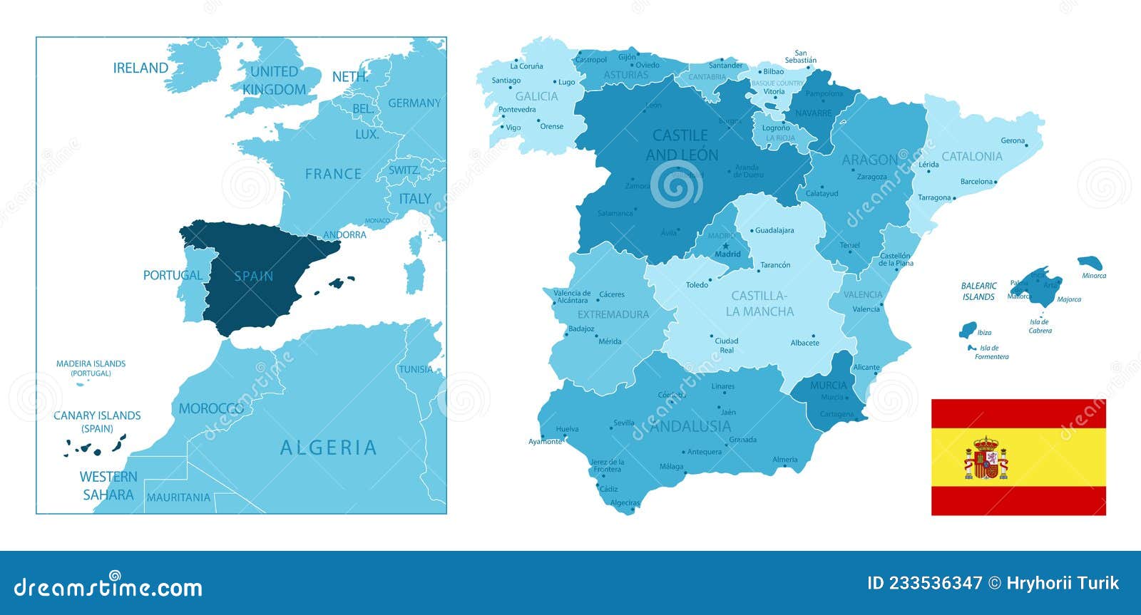 Spain - Highly Detailed Blue Map. Stock Vector - Illustration of border ...