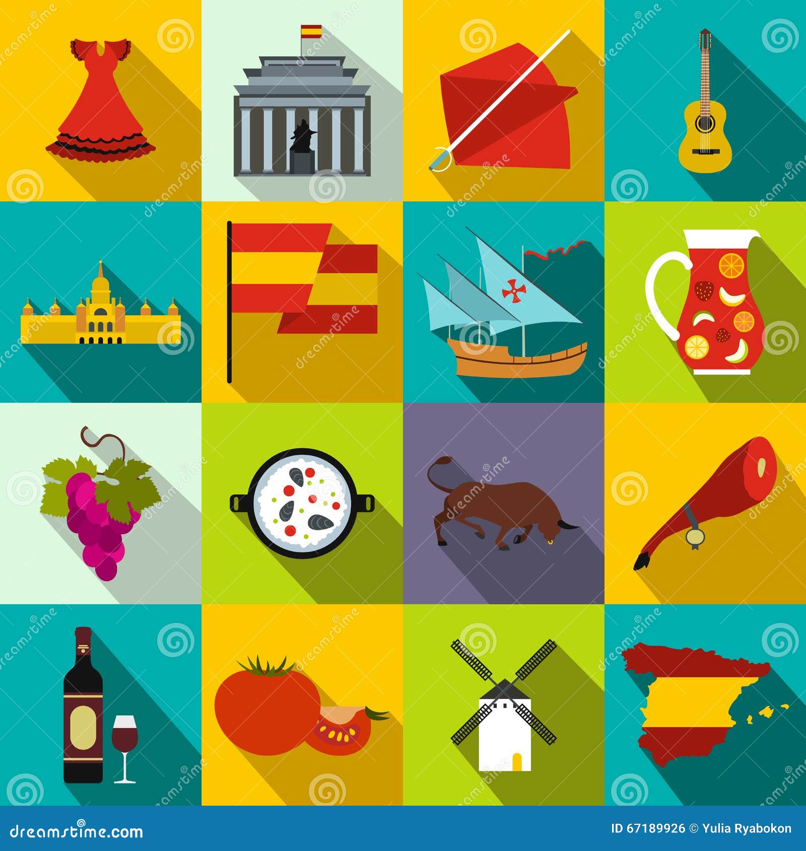 Spain icons flat stock vector. Illustration of beach - 67189926