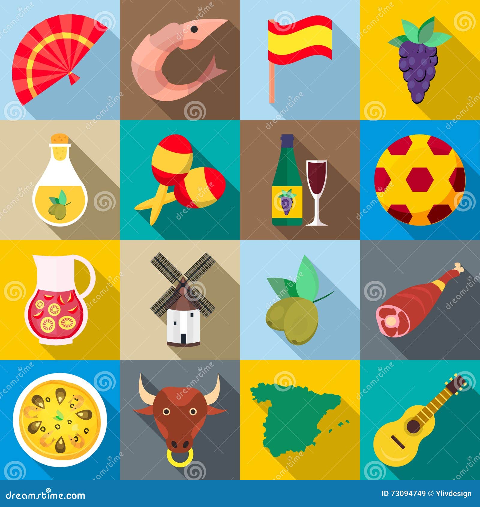 Spain Icons Set, Flat Style Stock Vector - Illustration of abanico ...