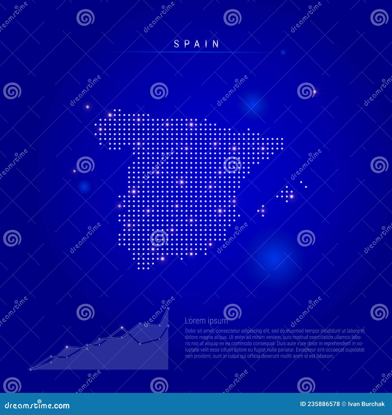Spain Illuminated Map with Glowing Dots. Dark Blue Space Background ...