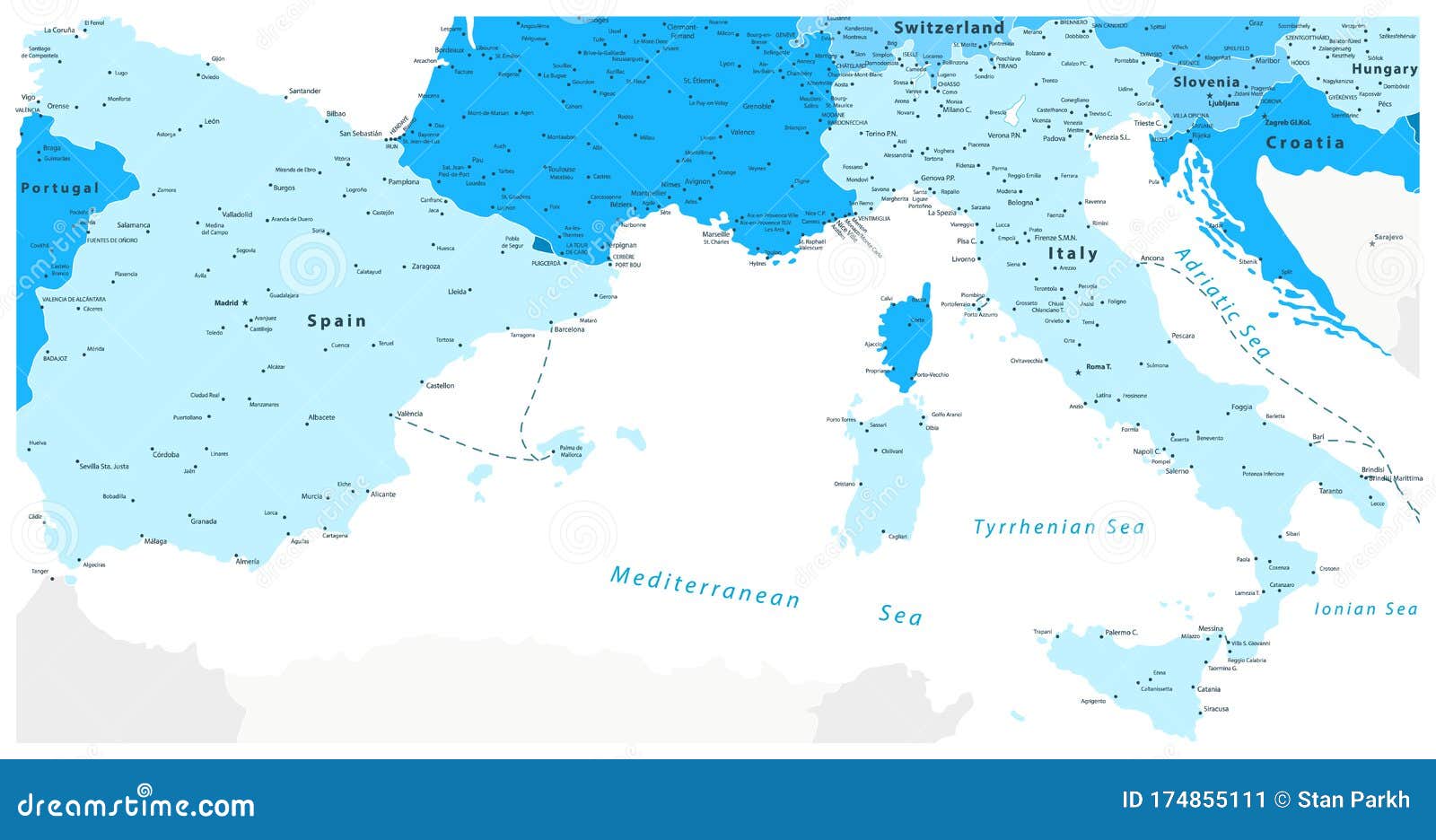 Spain and Italy Blue Map Isolated on White Stock Vector - Illustration ...