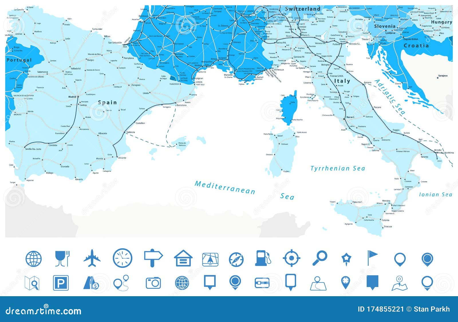Spain and Italy Blue Map and Map Navigation Set Stock Vector ...