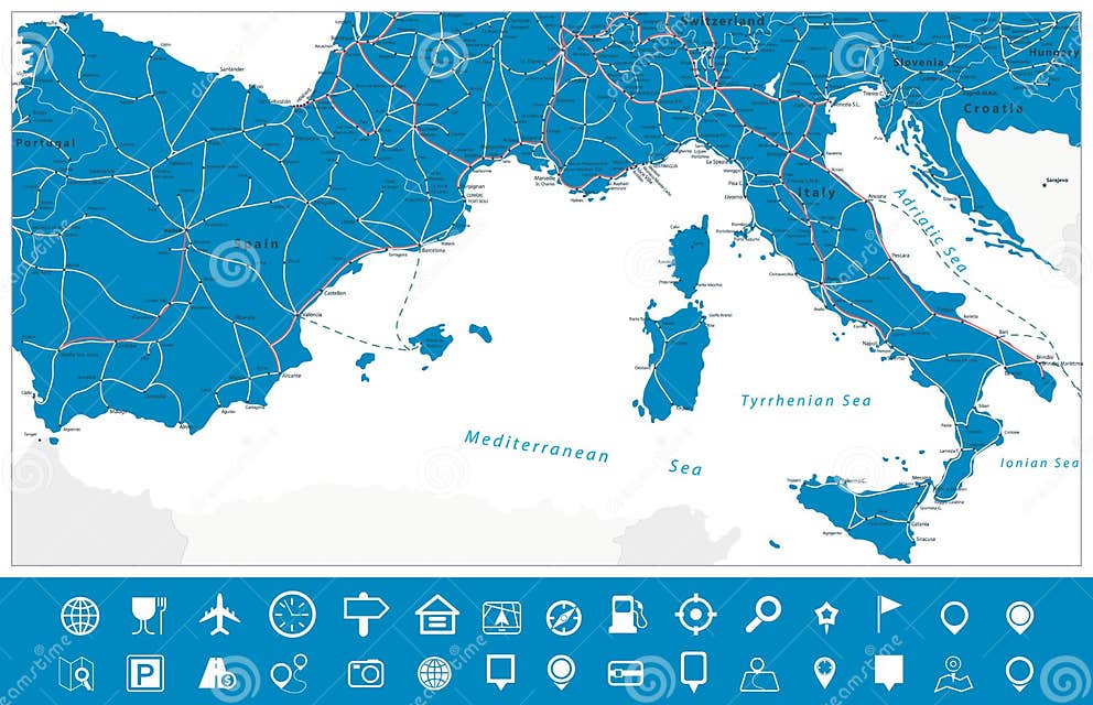 Spain and Italy Map and Map Navigation Set Stock Vector - Illustration ...