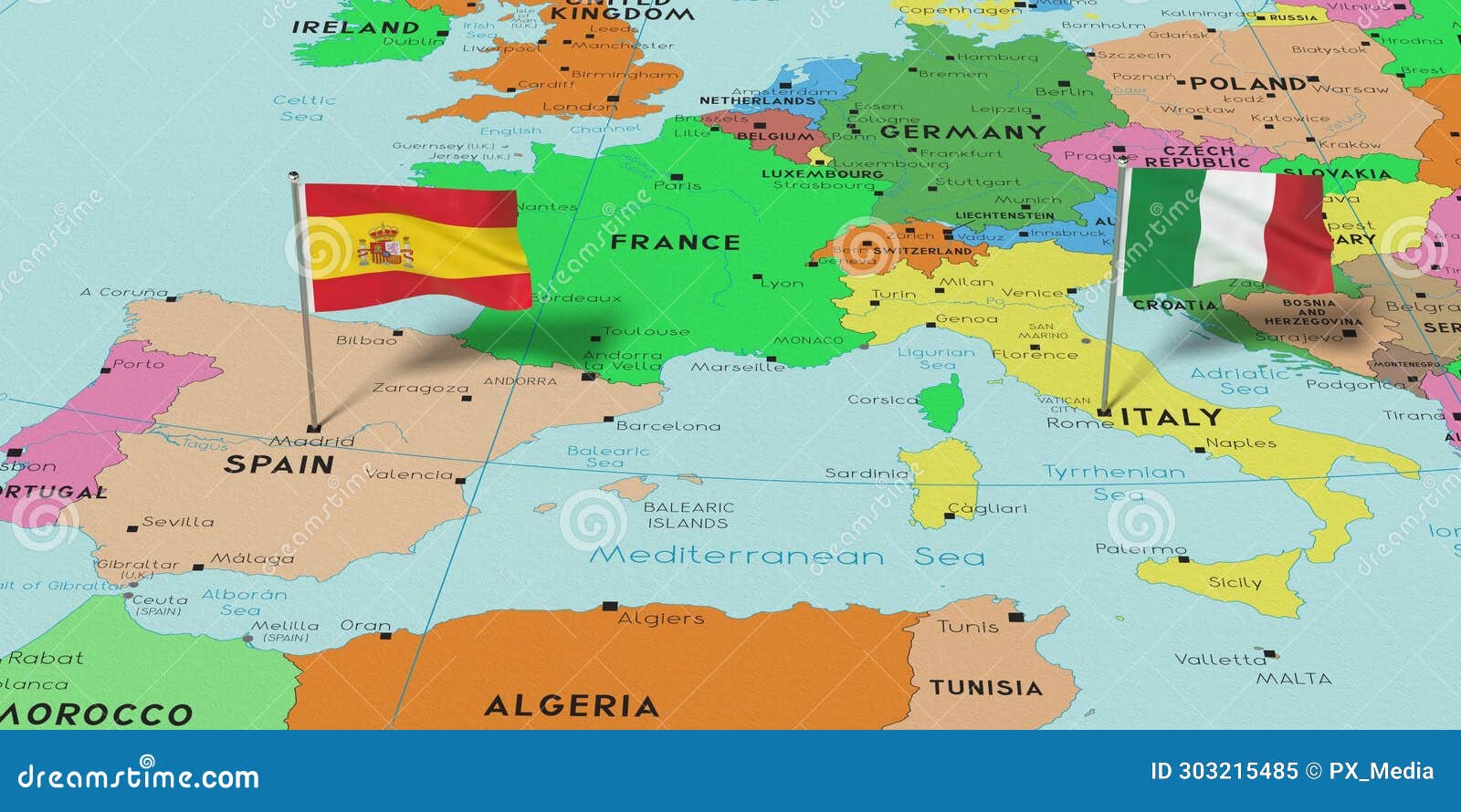 Spain and Italy - Pin Flags on Political Map Stock Illustration ...