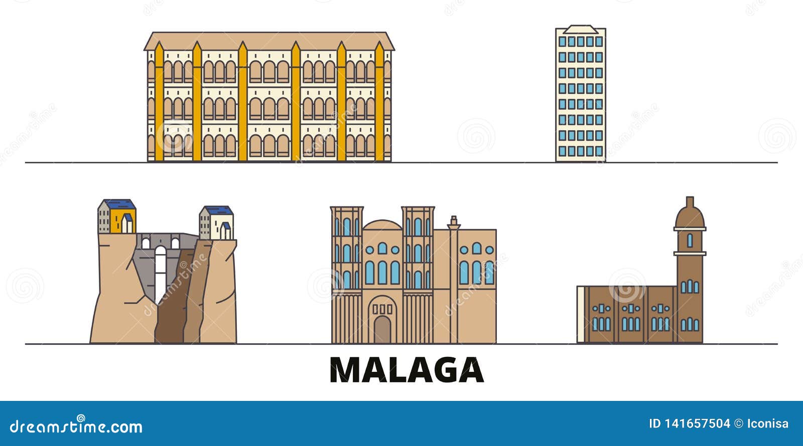 Spain, Malaga Flat Landmarks Vector Illustration. Spain, Malaga Line ...