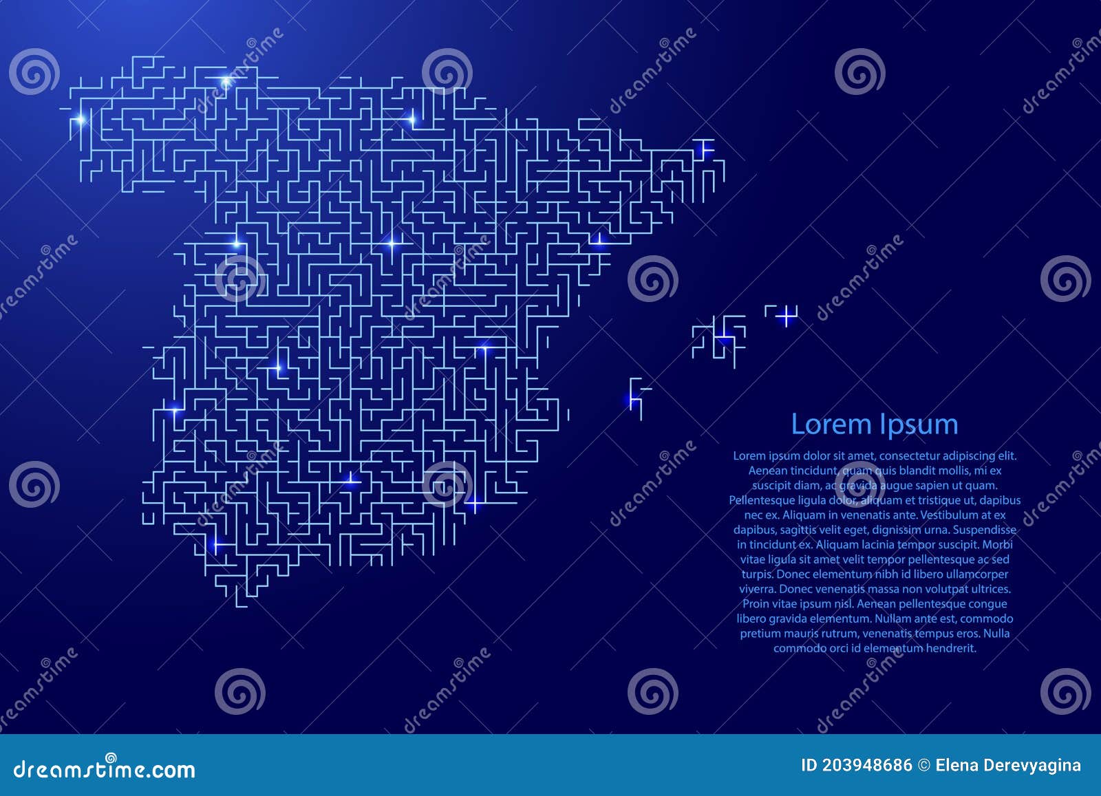 Spain Map from Blue Pattern of the Maze Grid and Glowing Space Stars ...