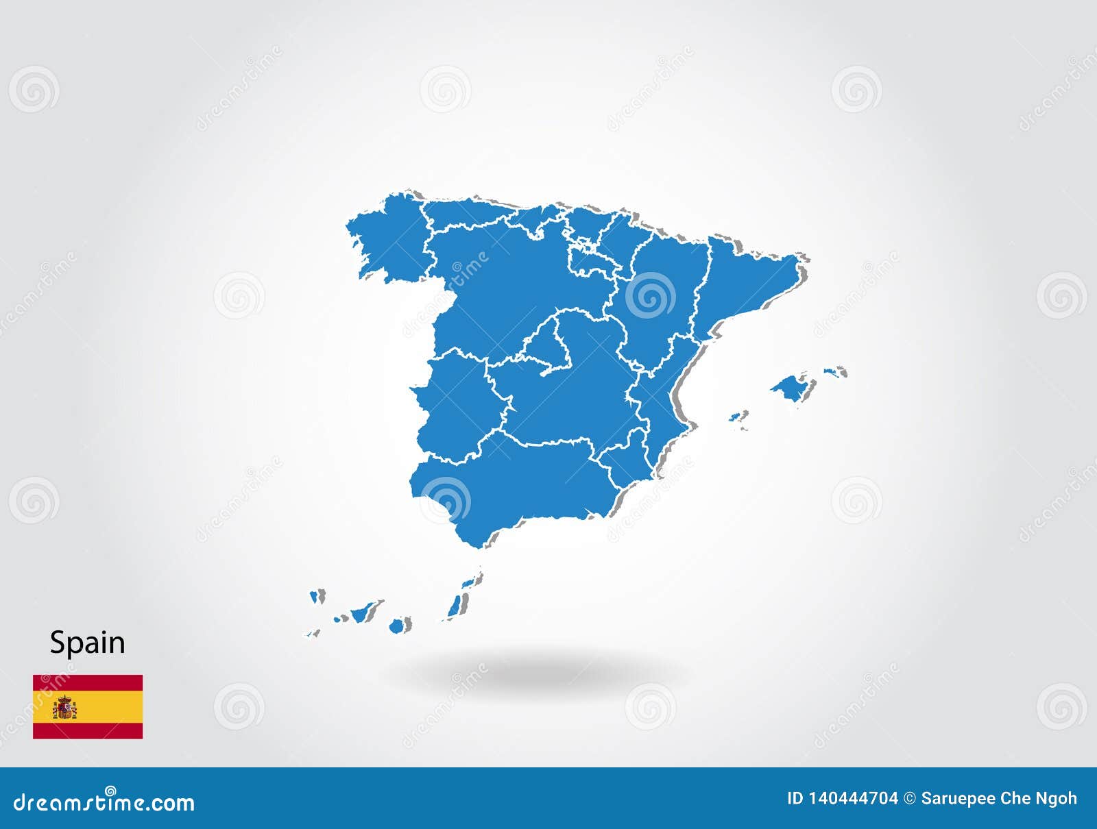 Spain Map Design With 3D Style. Blue Spain Map And National Flag ...