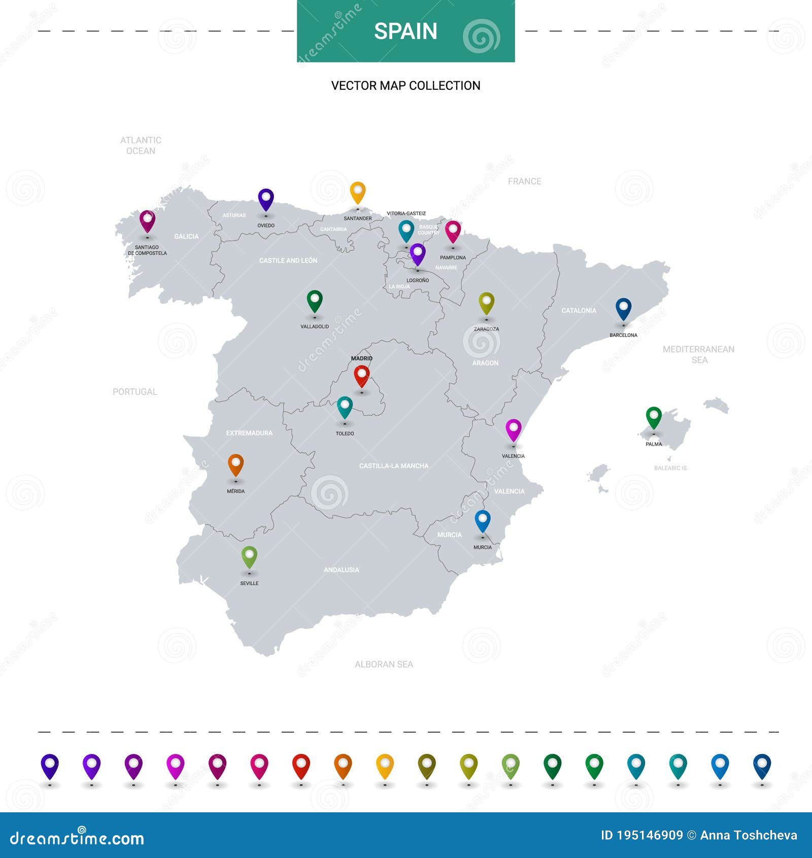 Spain Map with Location Pointer Marks. Stock Vector - Illustration of ...