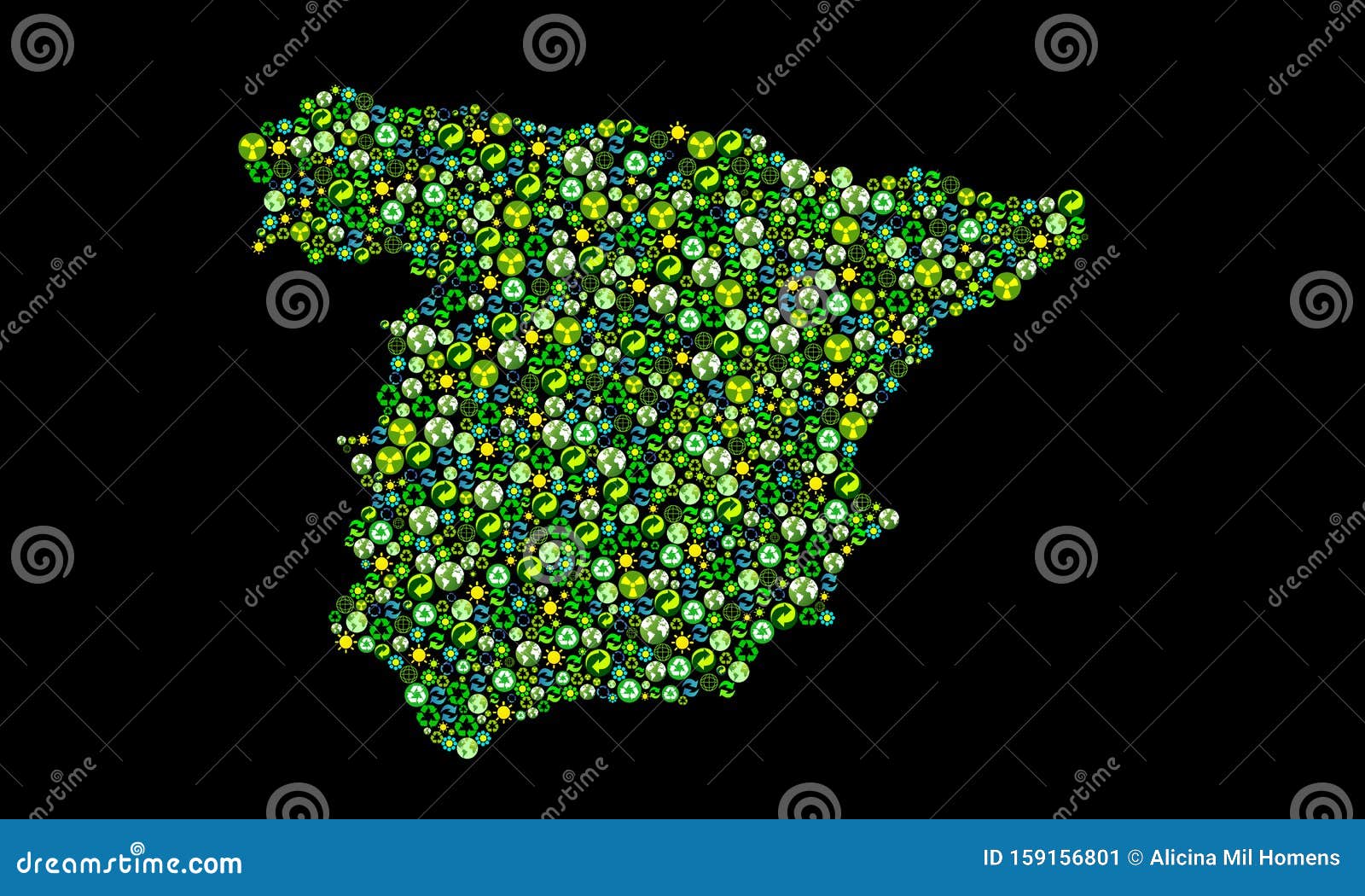 Spain Map Made with Ecological Symbols on Dark Background Stock ...