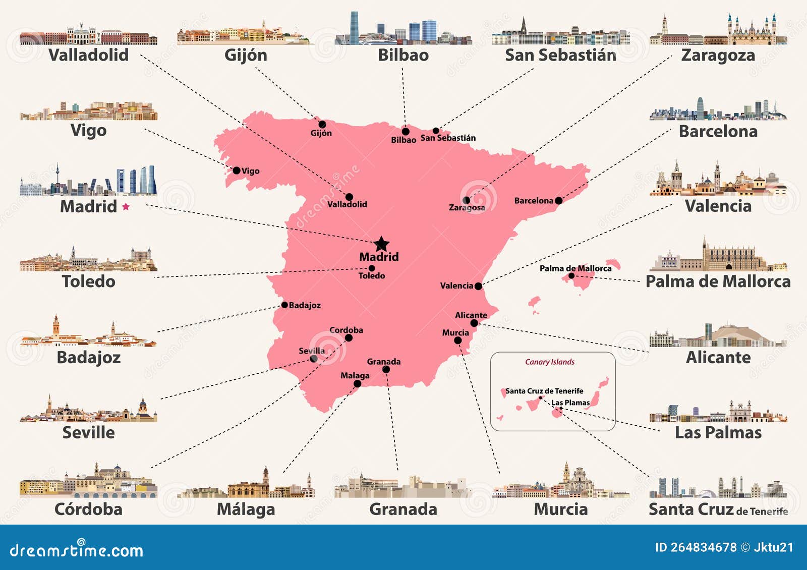 Spain Map With Main Cities Skylines. Vector Illustration ...
