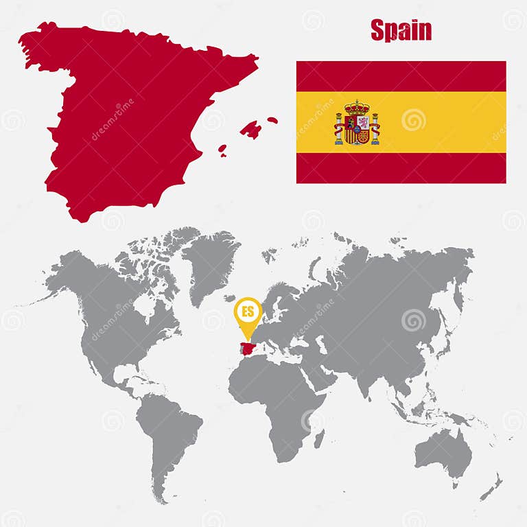 Spain Map on a World Map with Flag and Map Pointer. Vector Illustration ...