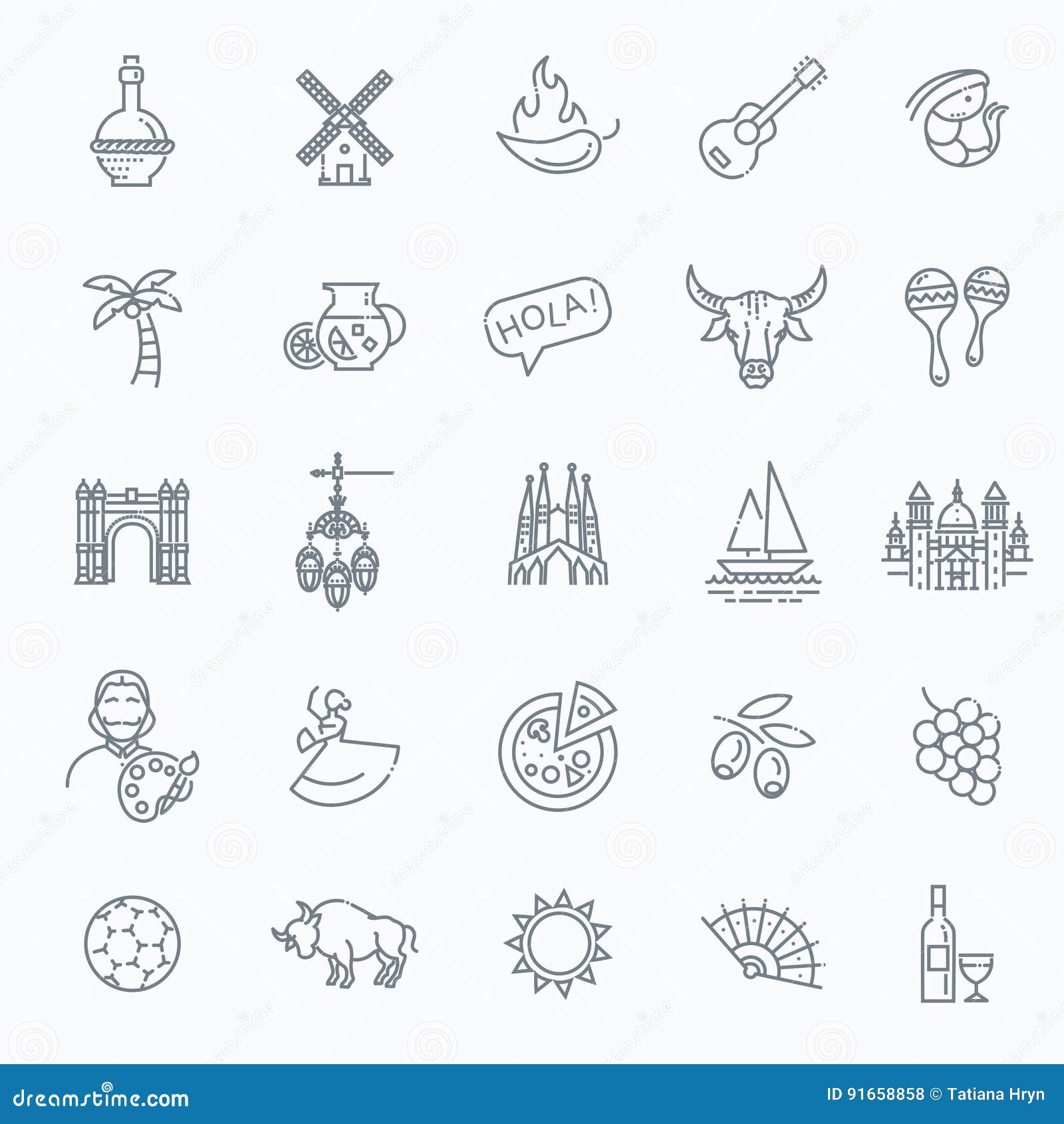 Spain outlined icon set stock vector. Illustration of national - 91658858