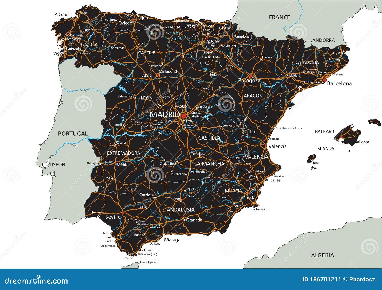 High Detailed Spain Road Map with Labeling. Stock Vector - Illustration ...