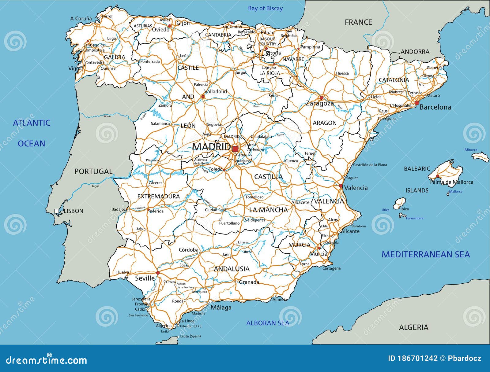 High Detailed Spain Road Map with Labeling. Stock Vector - Illustration ...