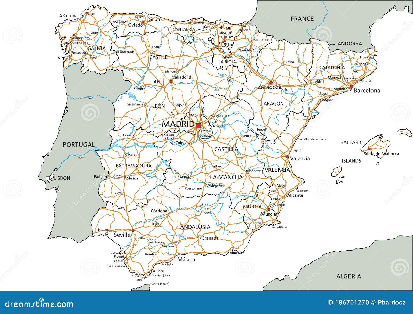High Detailed Spain Road Map with Labeling. Stock Vector - Illustration ...
