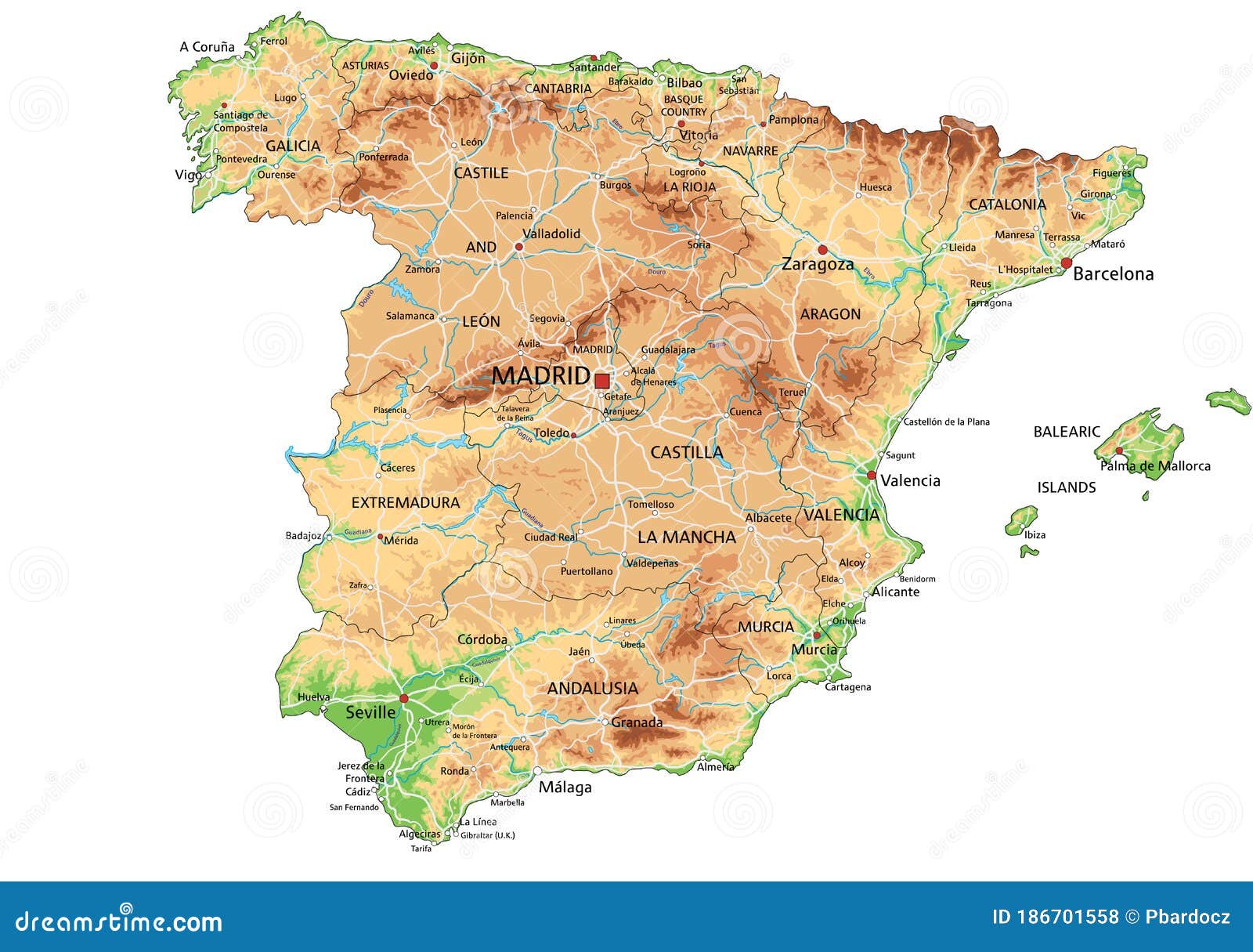 Spain Physical Map White And Gray Colors Isolated On White. Empty Map ...
