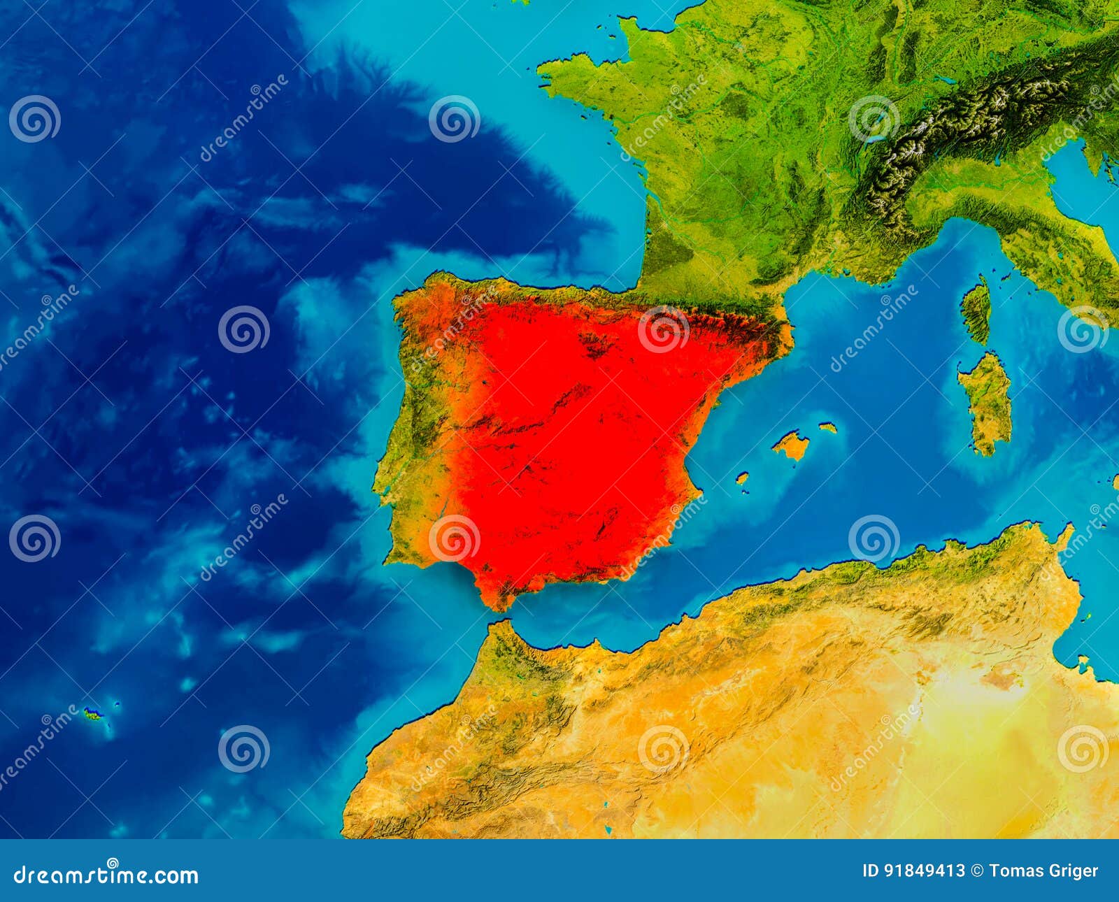 Spain on physical map stock illustration. Illustration of globe - 91849413