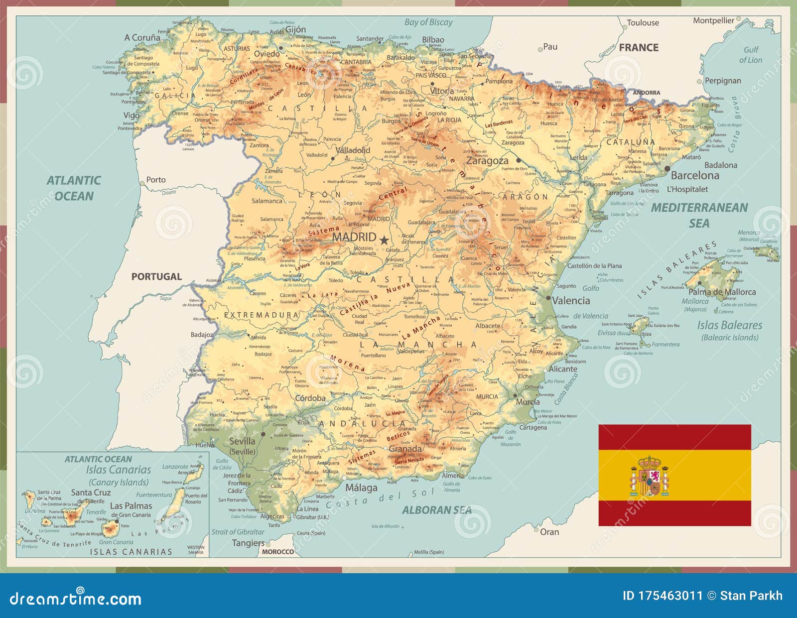 Spain Physical Map Old Colors Stock Vector - Illustration of europe ...