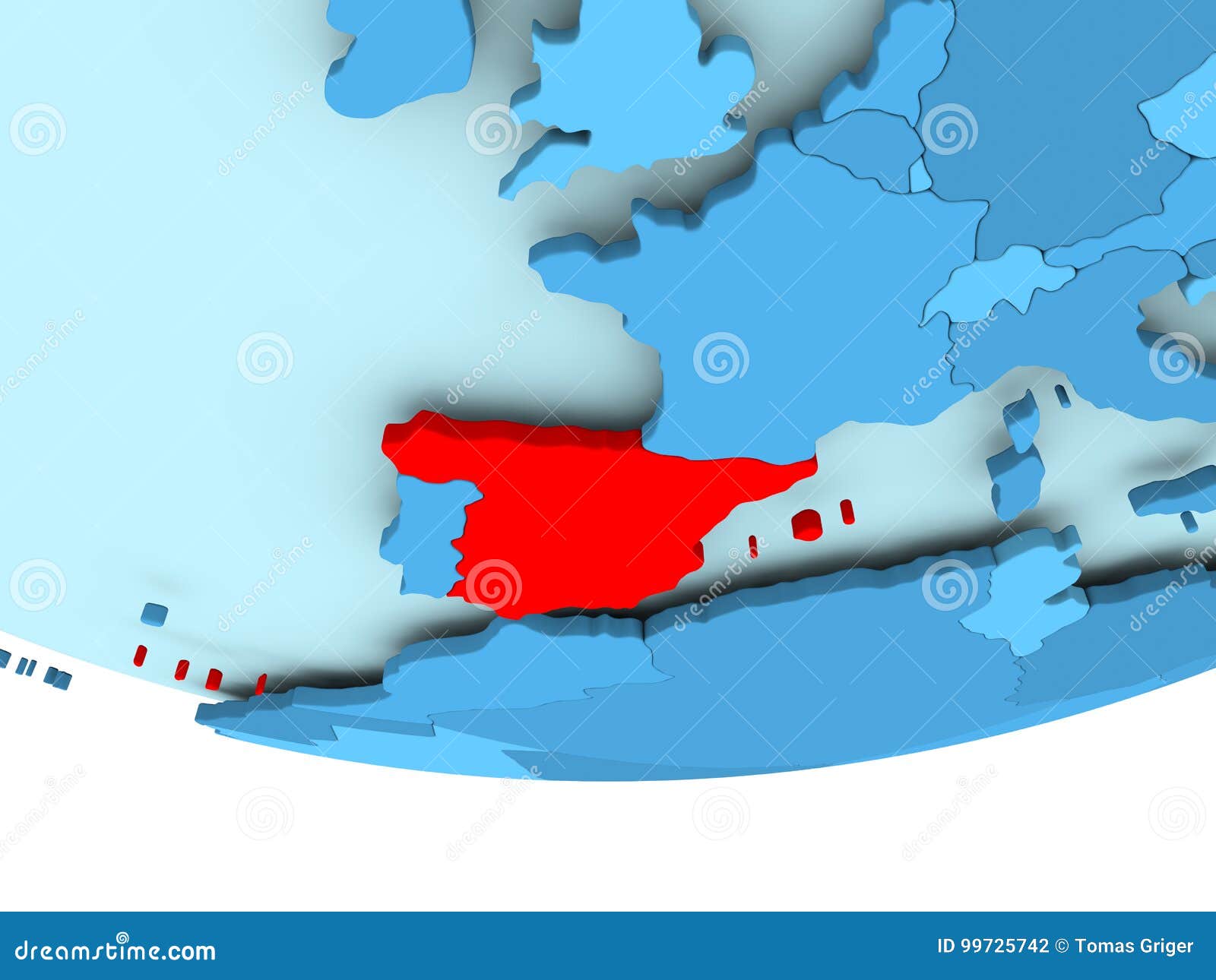 Spain in red on blue map stock illustration. Illustration of european ...