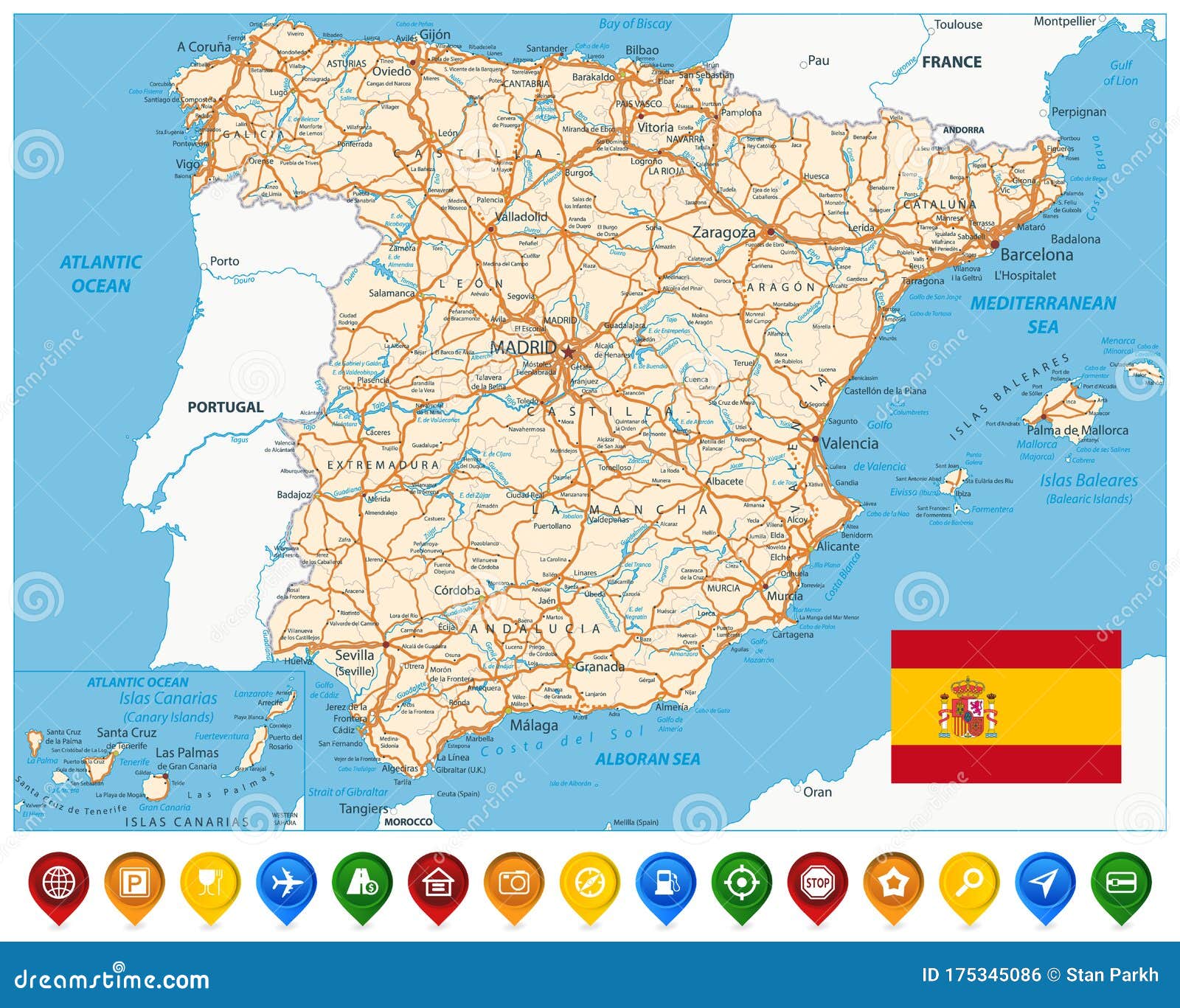 Spain Road Map and Colored Map Pointers Stock Vector - Illustration of ...
