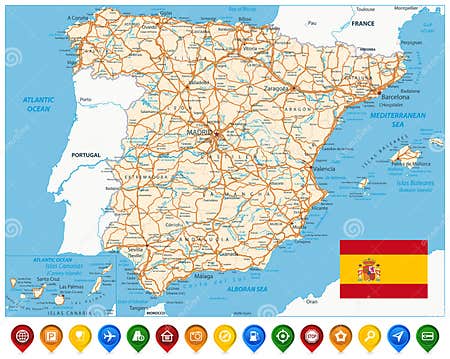 Spain Road Map and Colored Map Pointers Stock Vector - Illustration of ...