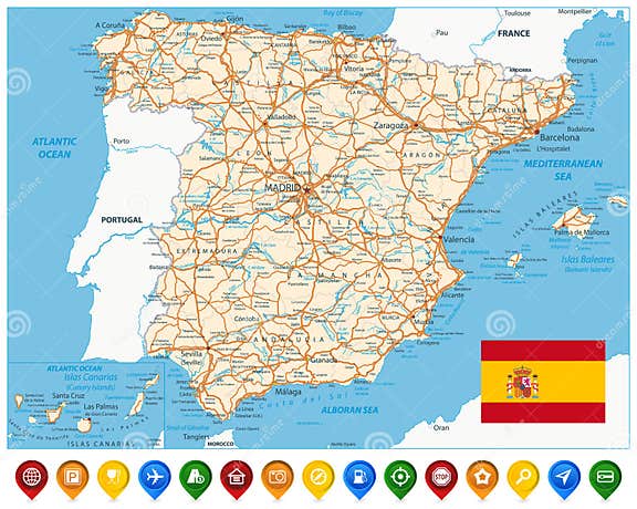 Spain Road Map and Colored Map Pointers Stock Vector - Illustration of ...