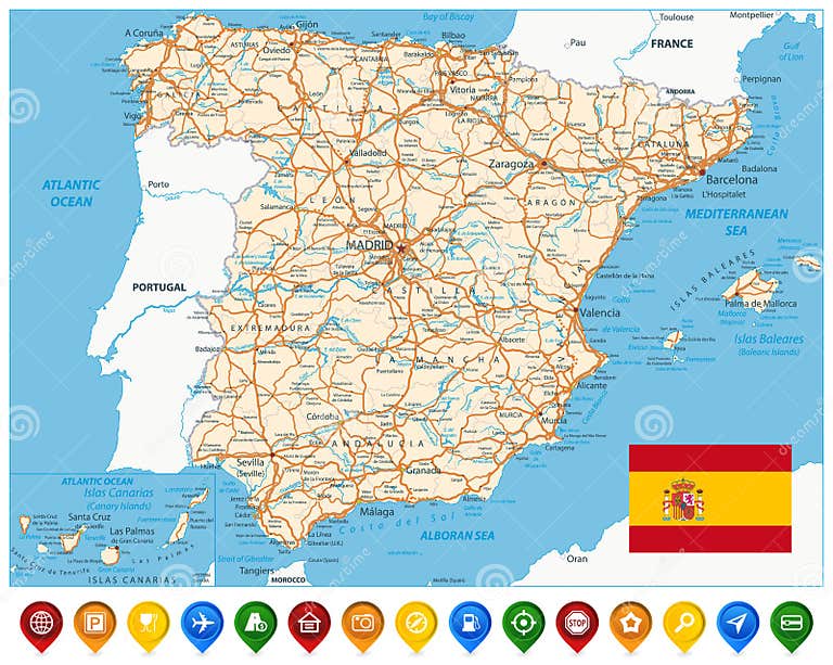 Spain Road Map and Colored Map Pointers Stock Vector - Illustration of ...