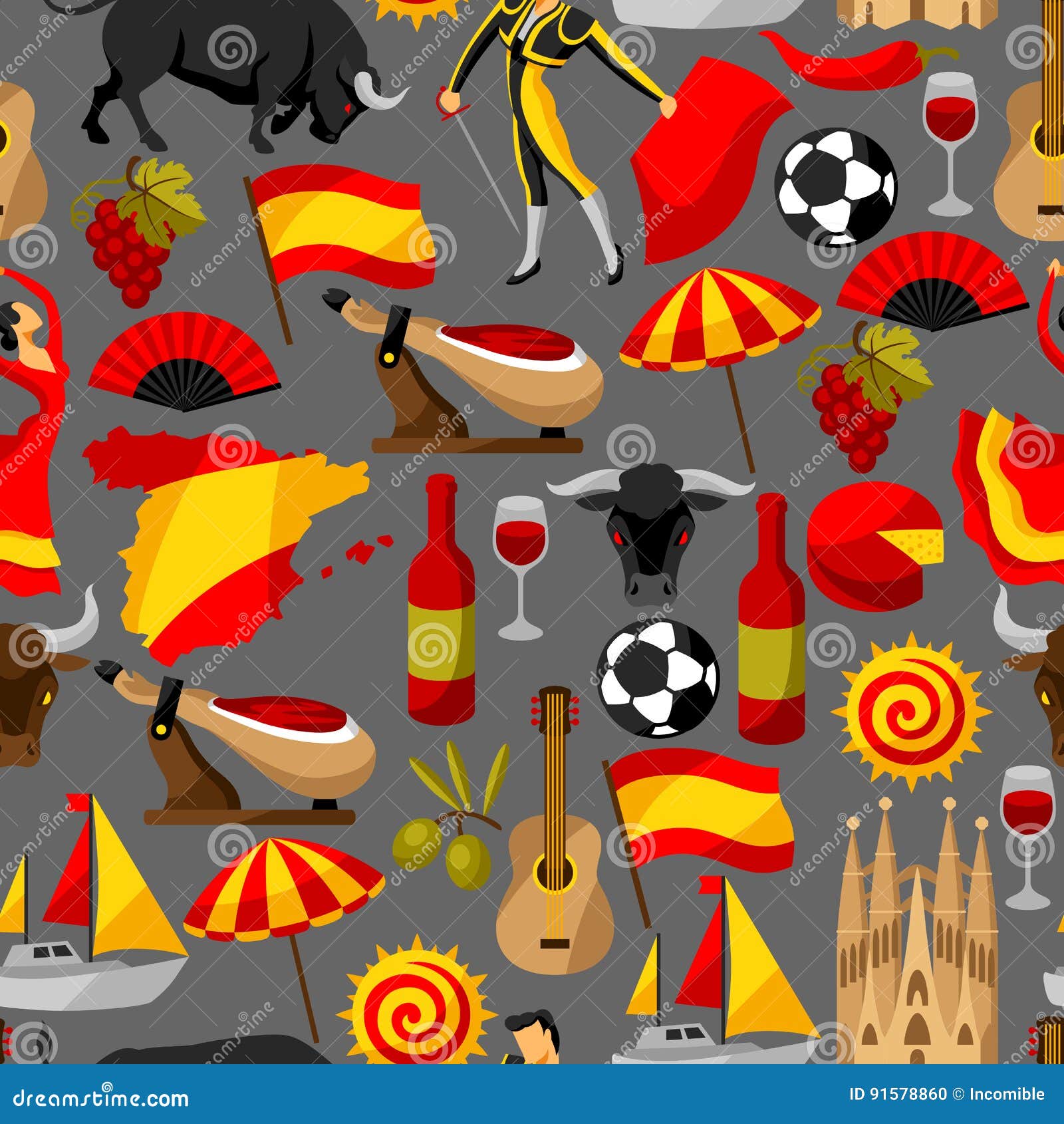 Spain Seamless Pattern. Spanish Traditional Symbols and Objects ...