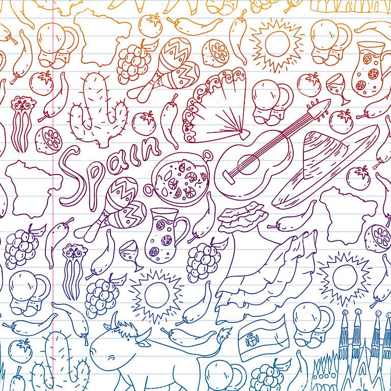 Spain Seamless Vector Pattern. Spanish Traditional Symbols and Objects ...