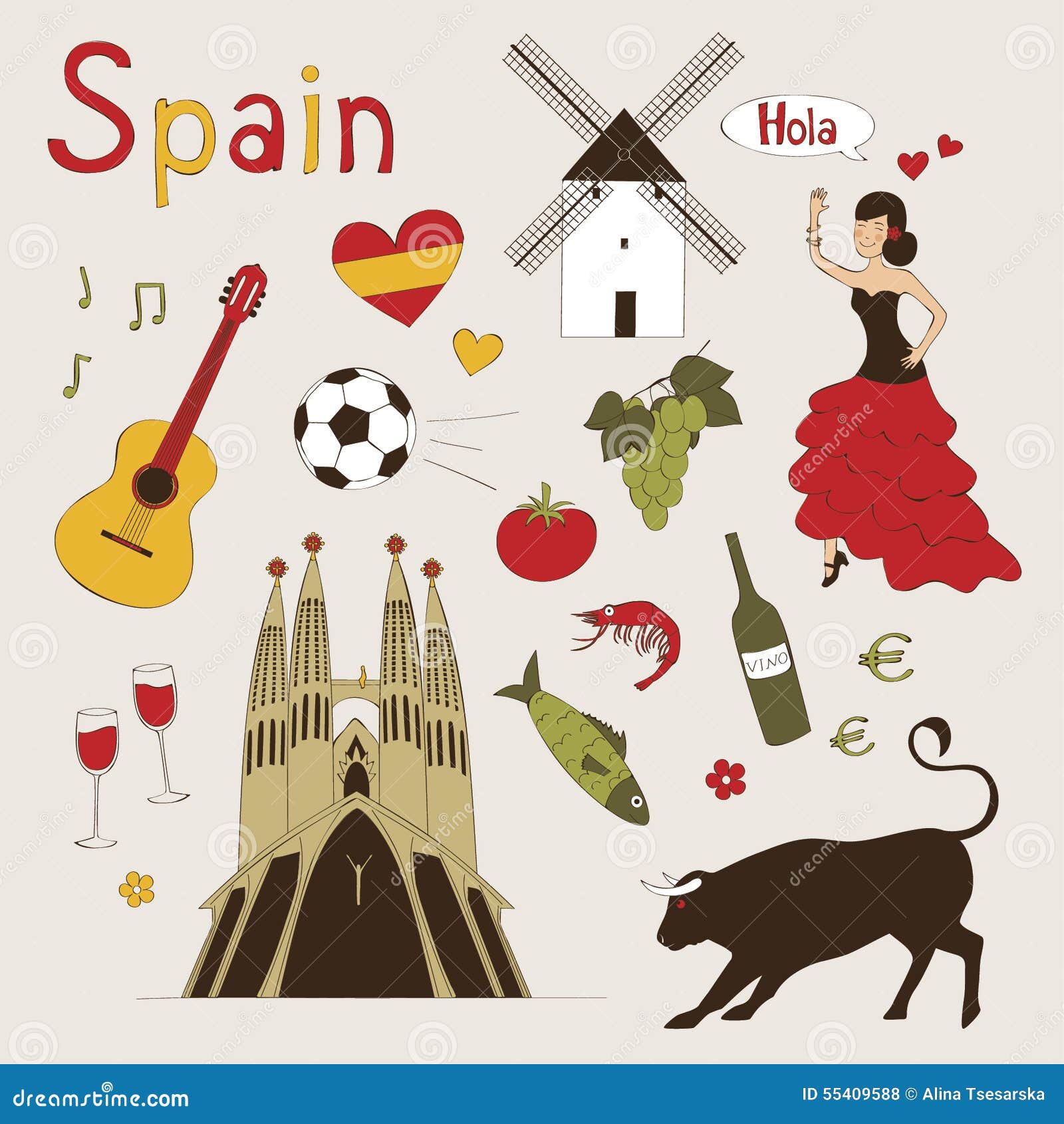 Spain set stock vector. Illustration of building, heart - 55409588