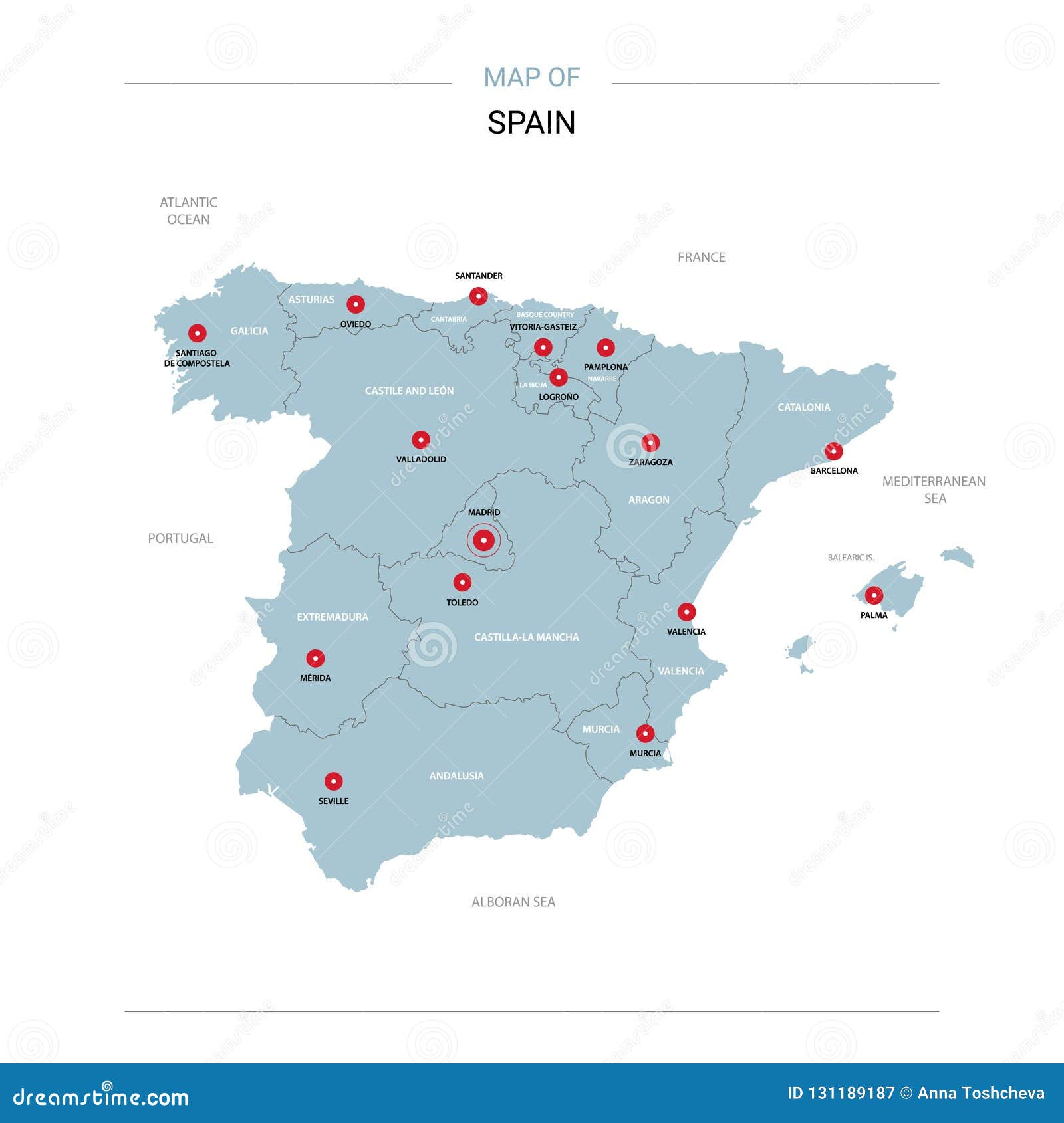 Spain Map Vector with Red Pin. Stock Vector - Illustration of location ...