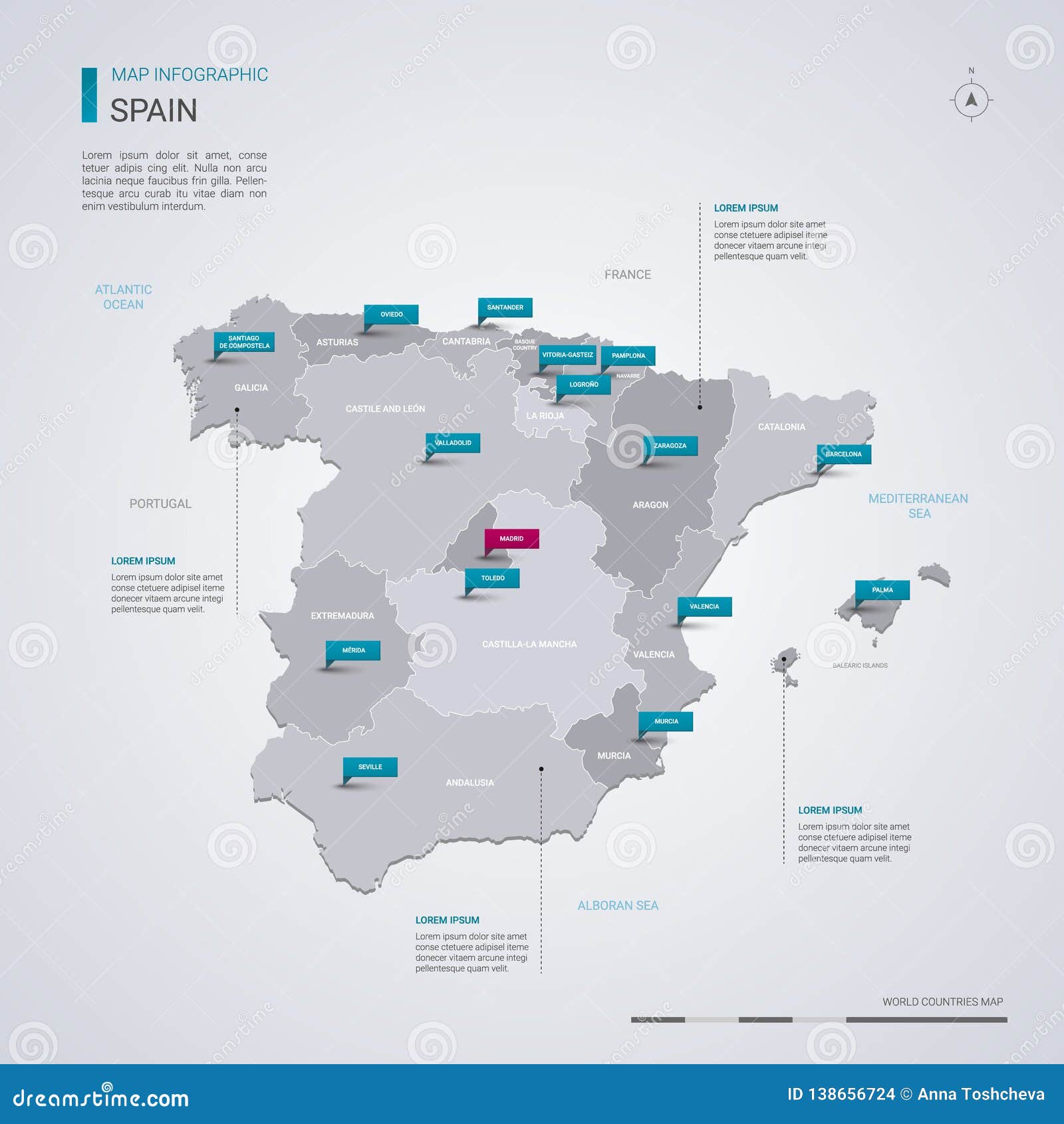 Spain Vector Map with Infographic Elements, Pointer Marks Stock Vector ...