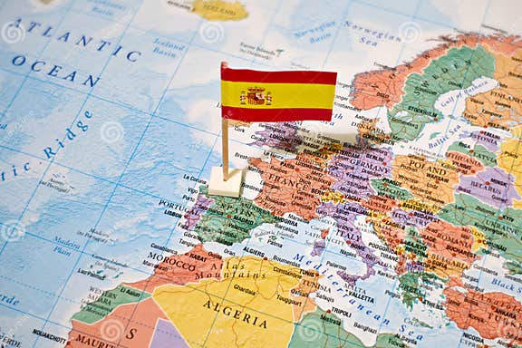 Spain on World Map with Flag Stock Photo - Image of focus, geography ...