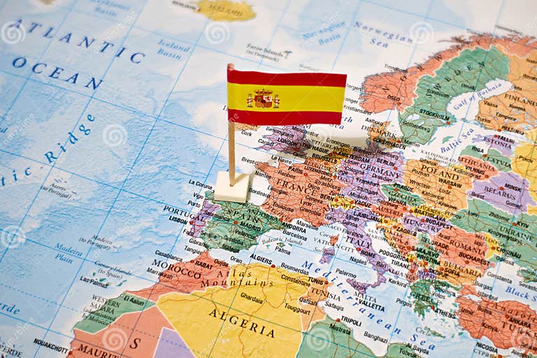 Spain on World Map with Flag Stock Photo - Image of focus, geography ...
