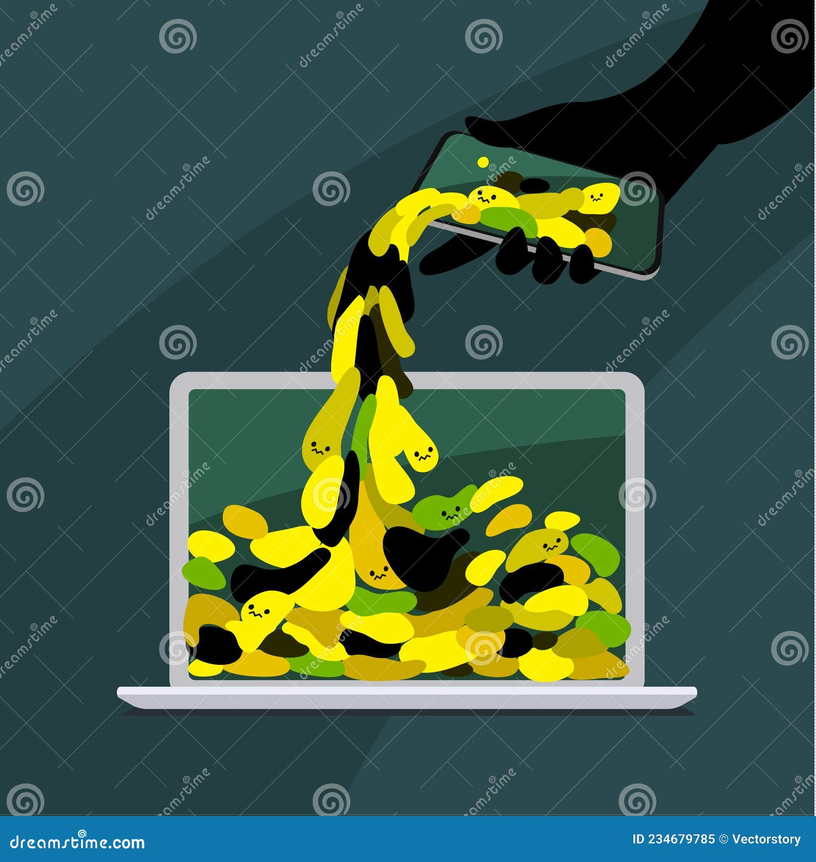 Spam Concept. Human Hand with Smartphone, Computer and Symbols of Bugs ...