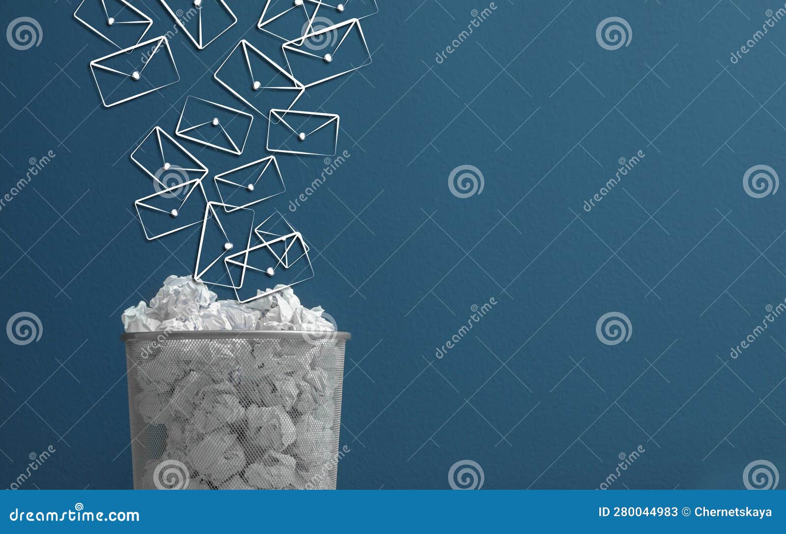 Spam. Drawn Envelopes Falling into Bin with Crumpled Paper on Blue ...