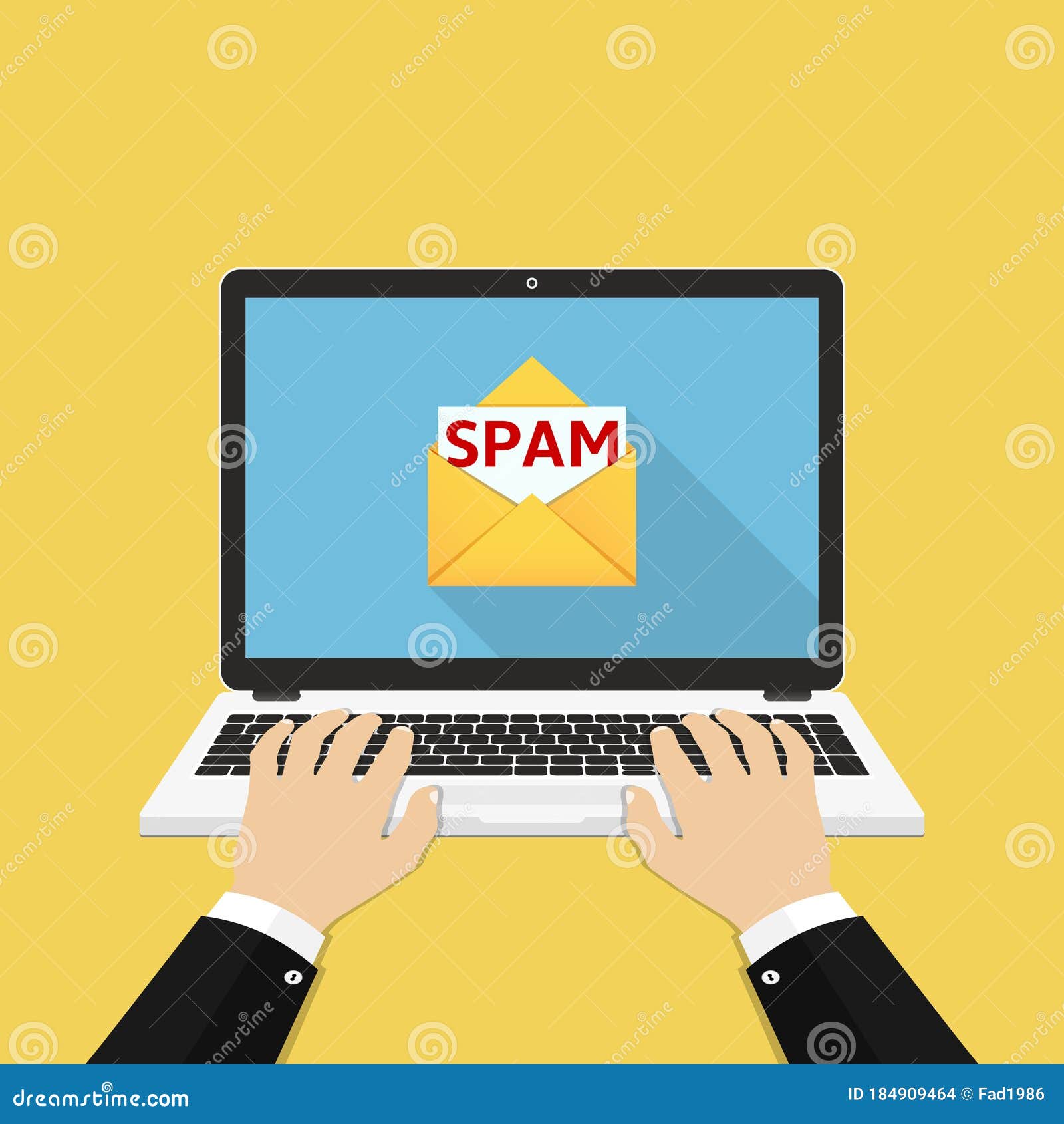 Spam Email on Laptop Screen. Hands on the Laptop. Vector Illustration ...