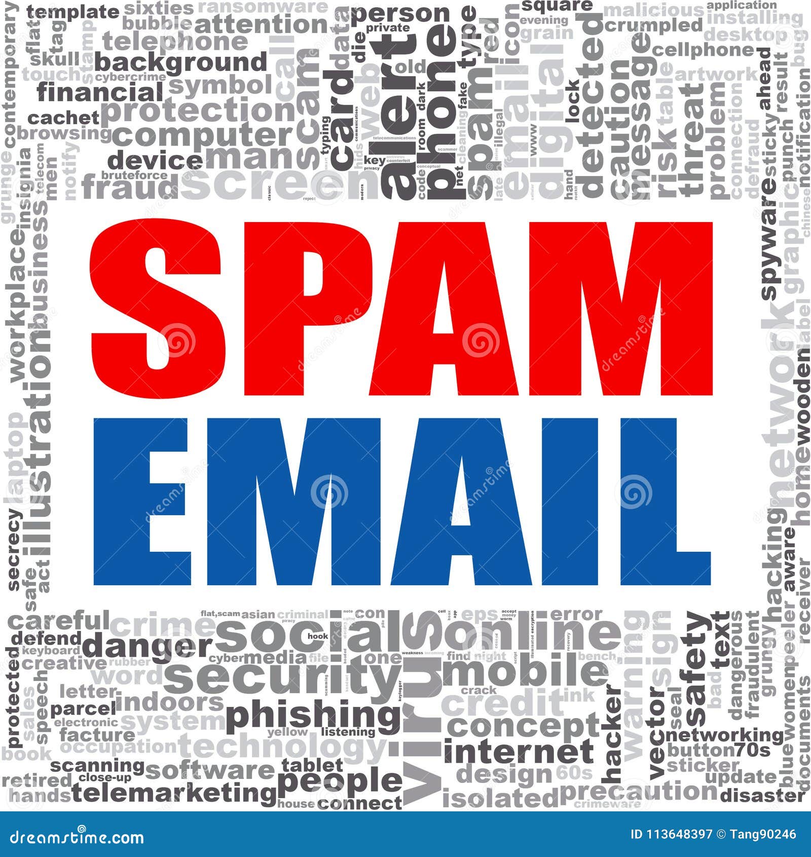 Spam email word cloud. stock illustration. Illustration of rendering ...