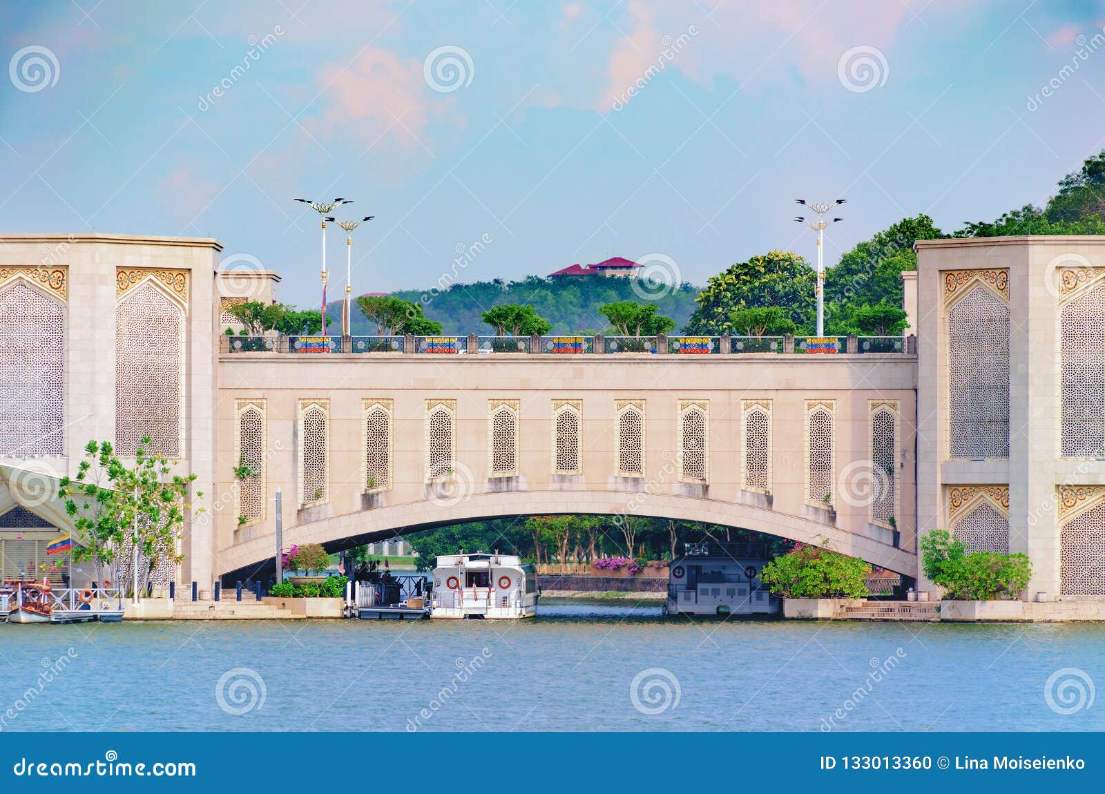 Span of Arched Bridge Over the River. View of the Water Bridge ...