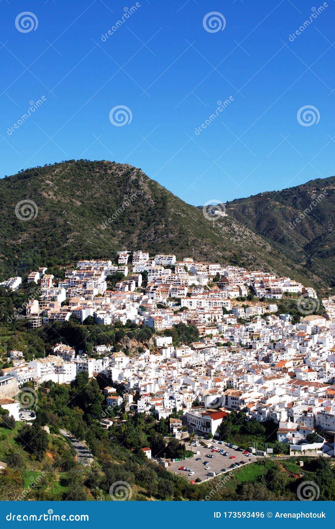White Town and Mountains, Ojen, Spain. Stock Photo - Image of blue ...