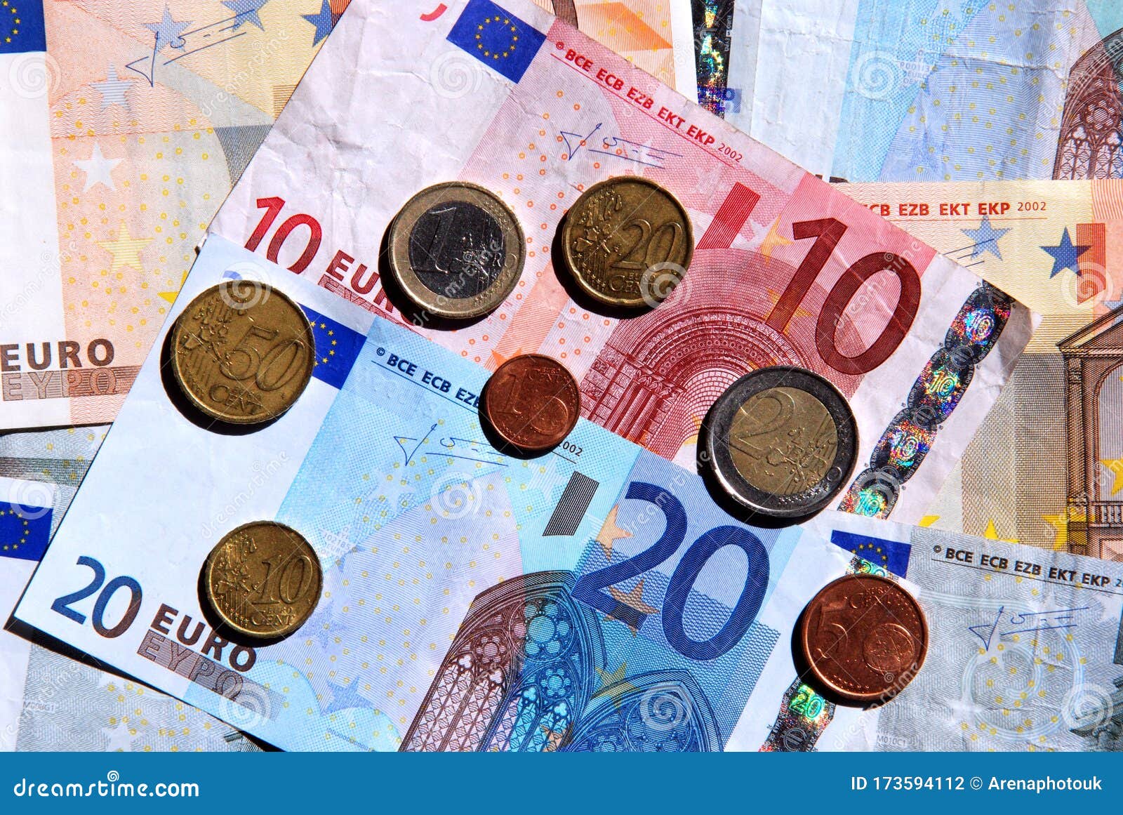 Euro notes and coins. editorial photography. Image of notes - 173594112