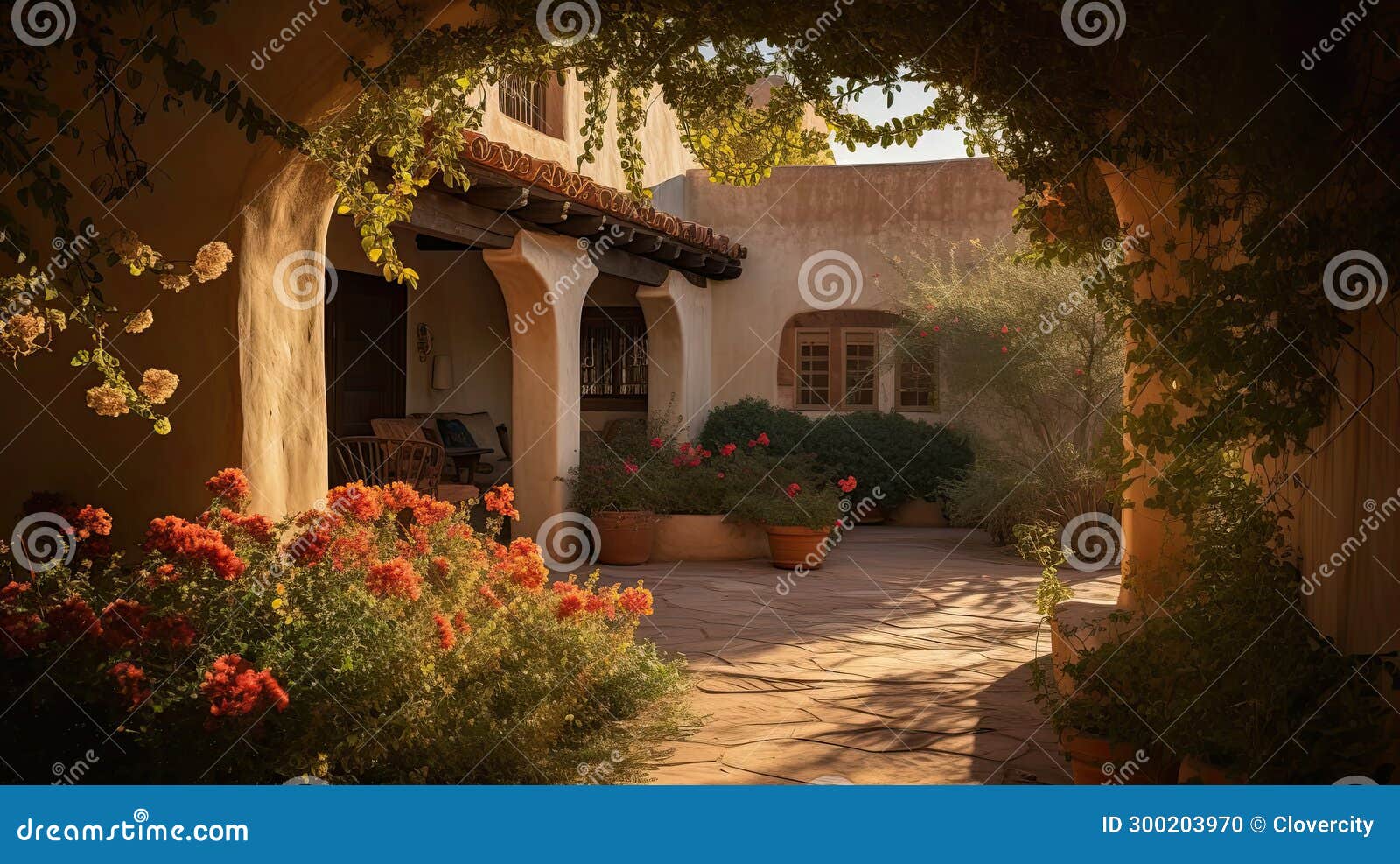 Spanish Adobe Style Courtyard Garden Entry Stock Illustration ...
