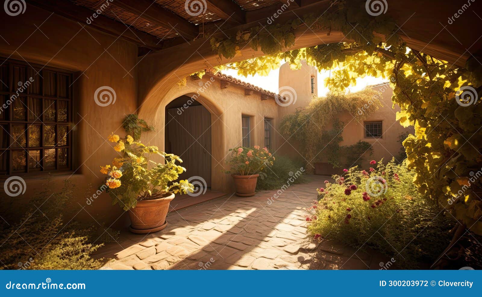 Spanish Adobe Style Courtyard Garden Entry Stock Illustration ...