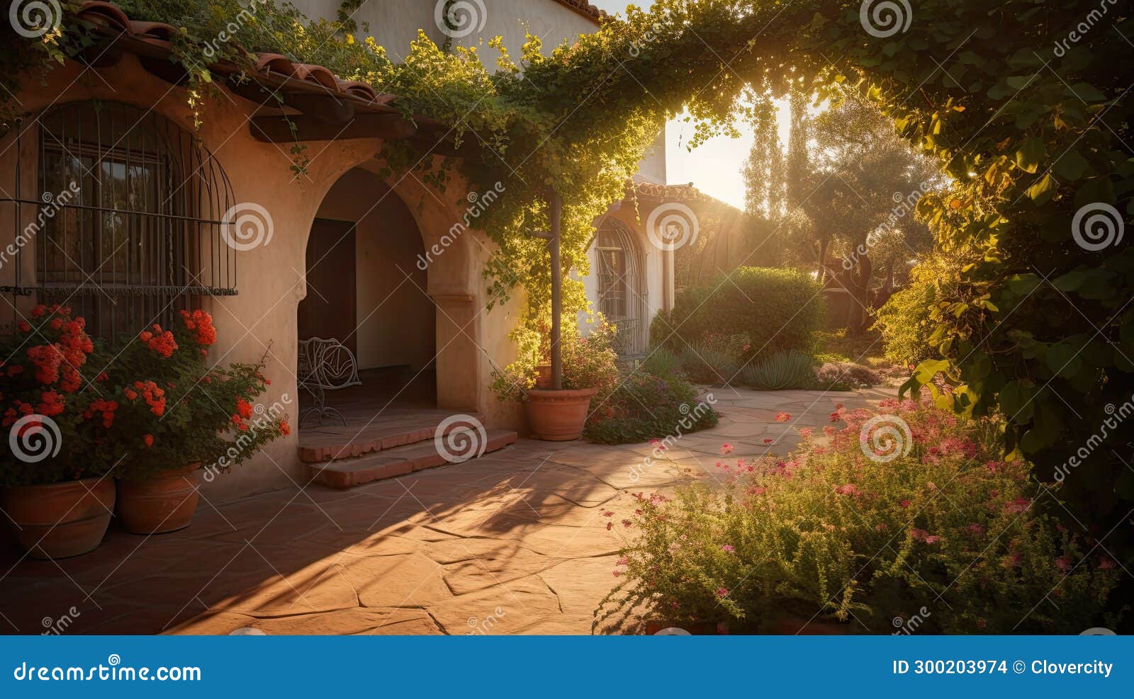 Spanish Adobe Style Courtyard Garden Entry Stock Illustration ...
